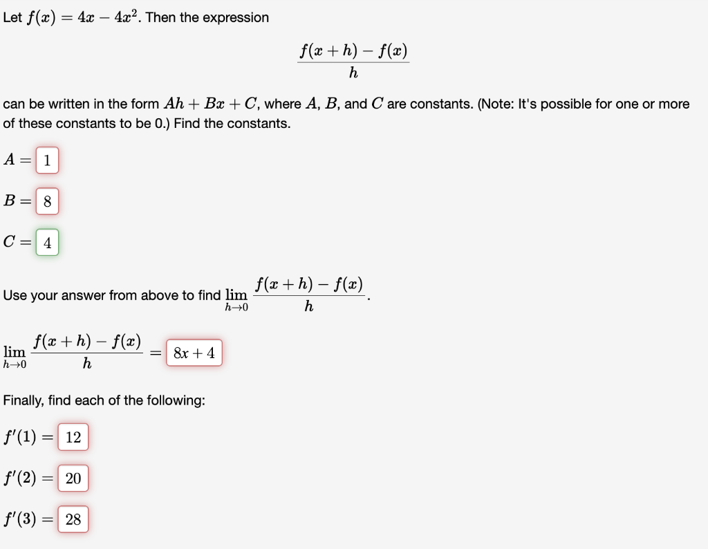 Solved Let f(x)=4x−4x2. Then the expression hf(x+h)−f(x) can | Chegg.com
