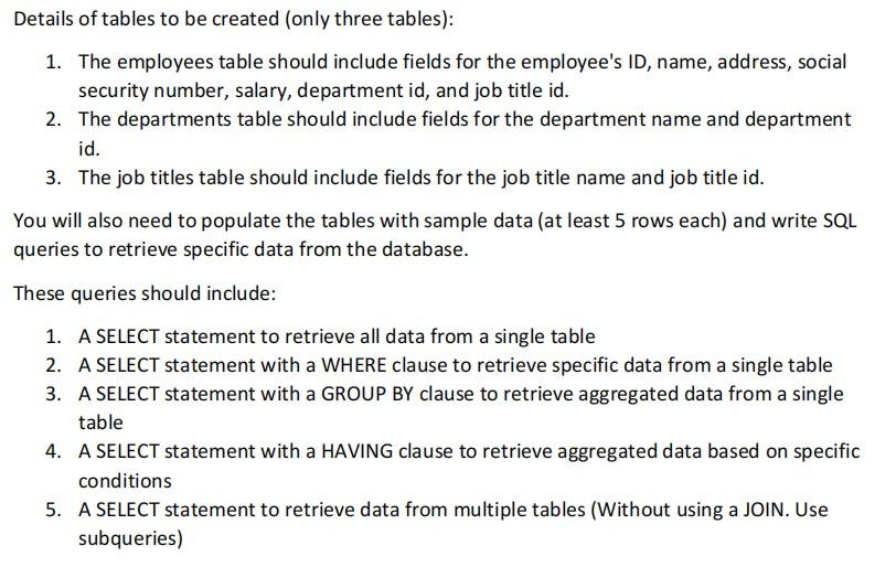 Solved Details of tables to be created (only three tables): | Chegg.com