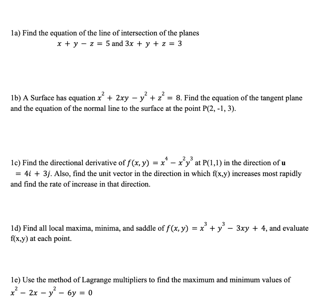 Solved 1a) Find the equation of the line of intersection of | Chegg.com
