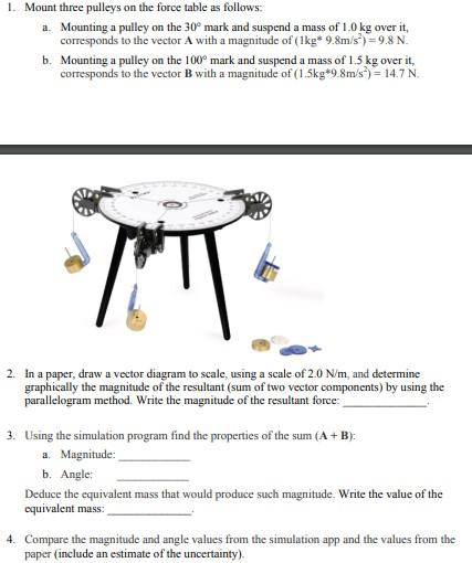 Solved 1. Mount three pulleys on the force table as follows: | Chegg.com