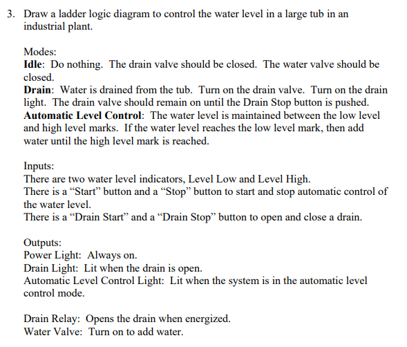 Solved 3. Draw a ladder logic diagram to control the water | Chegg.com