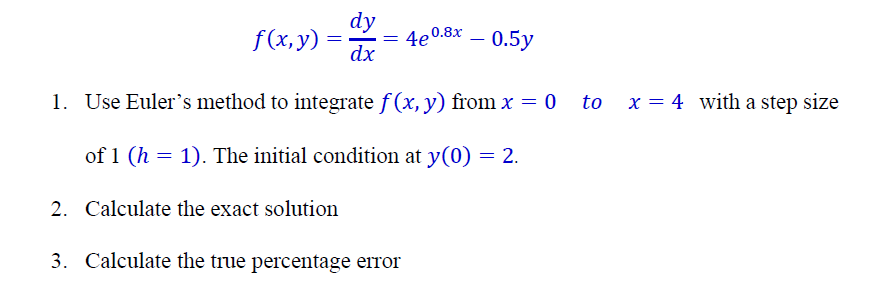 Solved 𝑓(𝑥, 𝑦) = 𝑑𝑦/𝑑𝑥 = 4𝑒^0.8𝑥 − 0.5𝑦 1. Use | Chegg.com