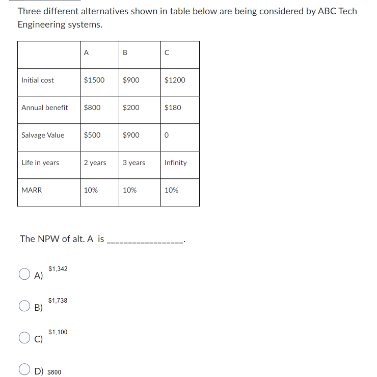 Solved Three different alternatives shown in table below are | Chegg.com