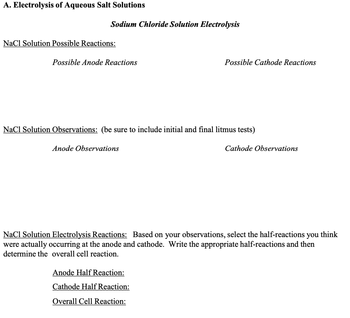 Solved A. Electrolysis of Aqueous Salt Solutions Sodium | Chegg.com