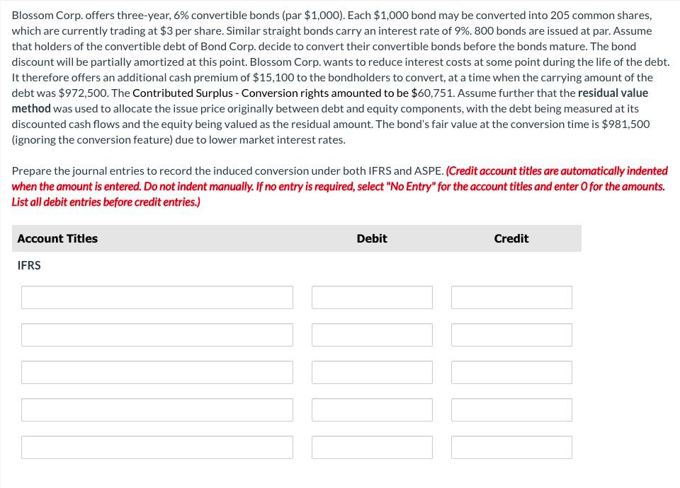 Solved Blossom Corp. offers three-year, 6% convertible bonds | Chegg.com