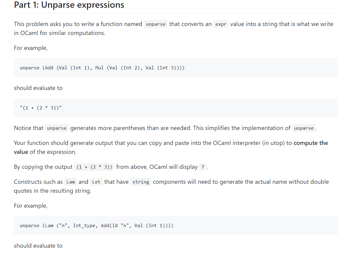 Part 1: Unparse expressions This problem asks you to | Chegg.com