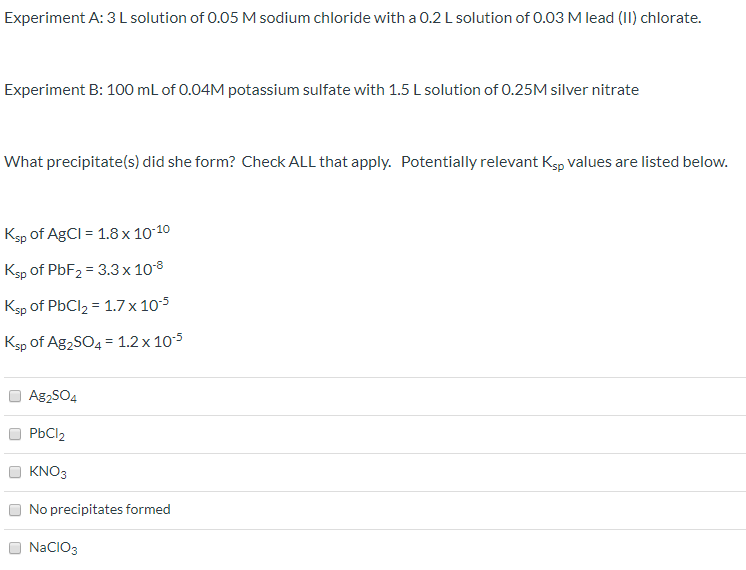 Solved Experiment A: 3L solution of 0.05 M sodium chloride | Chegg.com