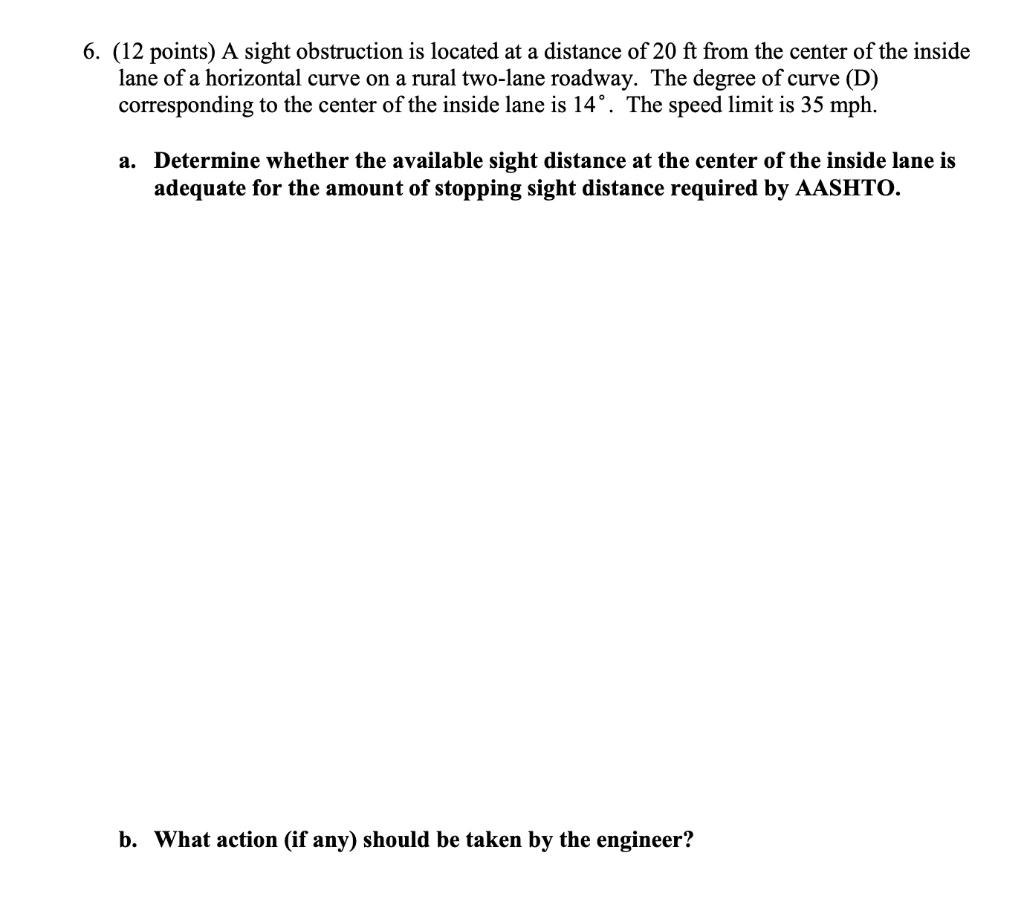 Solved 6. (12 points) A sight obstruction is located at a | Chegg.com