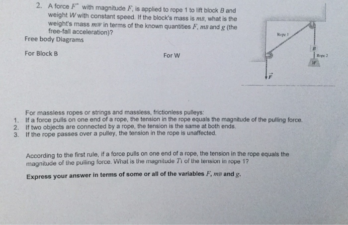 Solved 2. A force F with magnitude F, is applied to rope 1 | Chegg.com