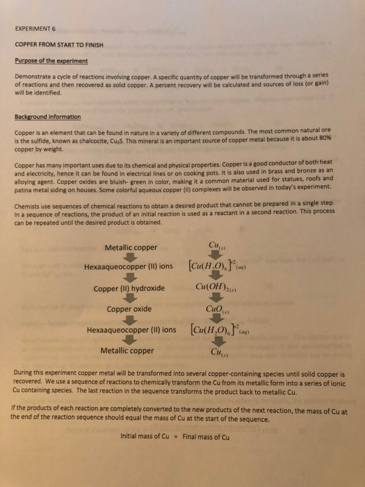 Solved EXPERIMENT 6 COPPER FROM START TO FINISH Purpose of | Chegg.com