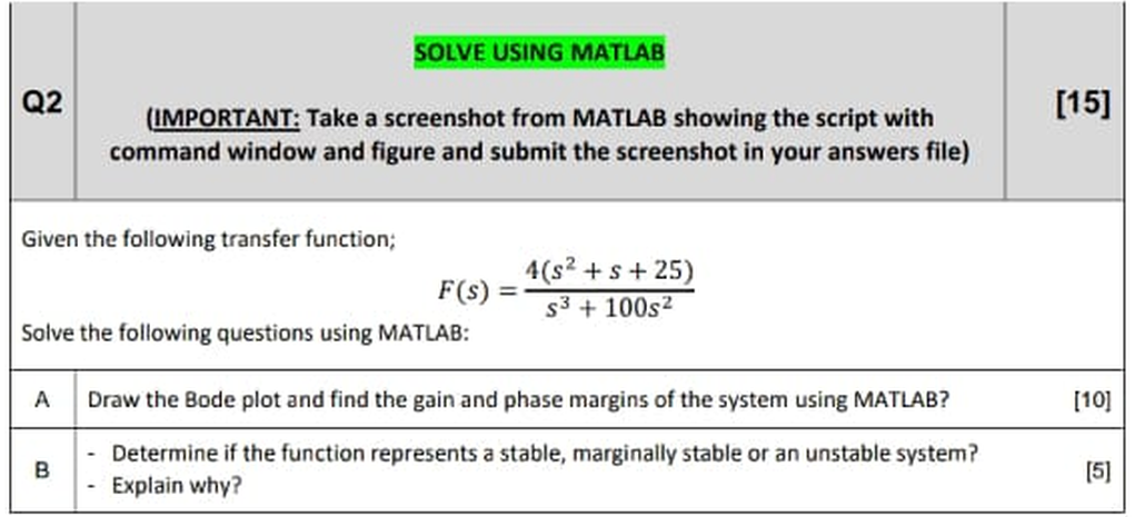 Solved SOLVE USING MATLAB Q2 [15] (IMPORTANT: Take a | Chegg.com