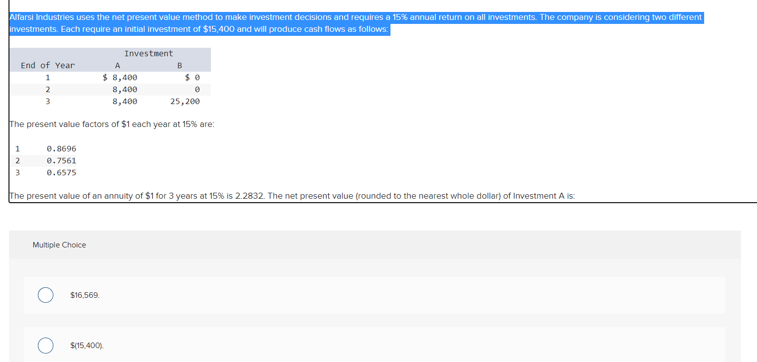 Solved Alfarsi Industries uses the net present value method | Chegg.com