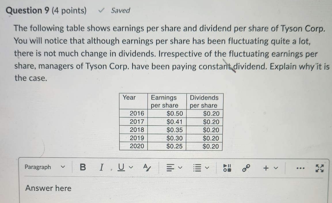 Solved The following table shows earnings per share and | Chegg.com