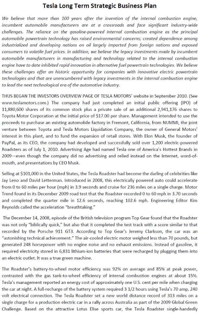 Solved Tesla Long Term Strategic Business Plan We believe | Chegg.com