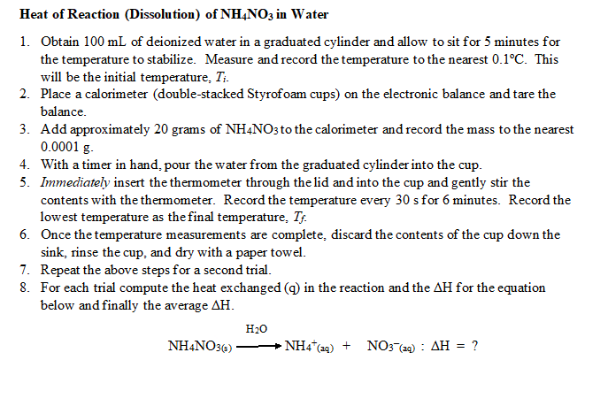 Heat of Reaction (Dissolution) of NH4NO3 in Water 1. | Chegg.com