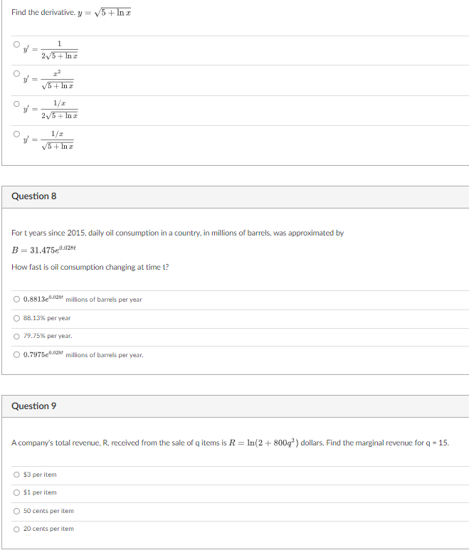 Solved Find the derivative. y=5+lnx | Chegg.com