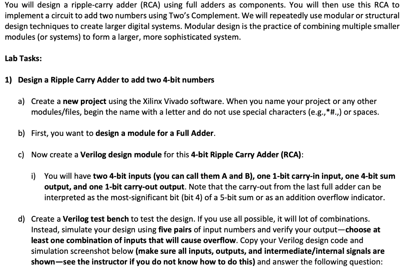 Solved You will design a ripple-carry adder (RCA) using full | Chegg.com