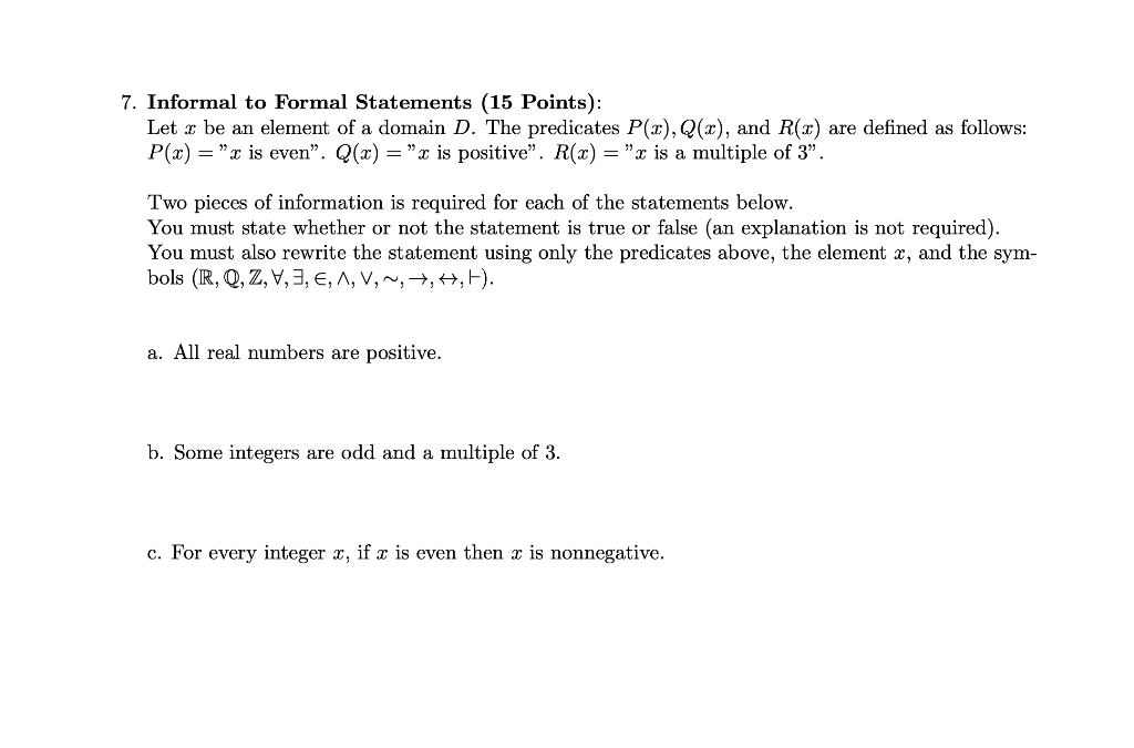 Solved 7. Informal to Formal Statements (15 Points): Let u | Chegg.com