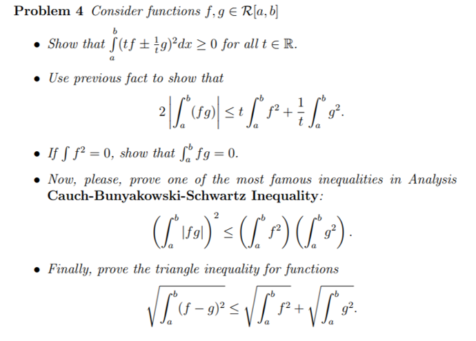 Solved Problem 4 Consider functions f,g∈R[a,b] - Show that | Chegg.com