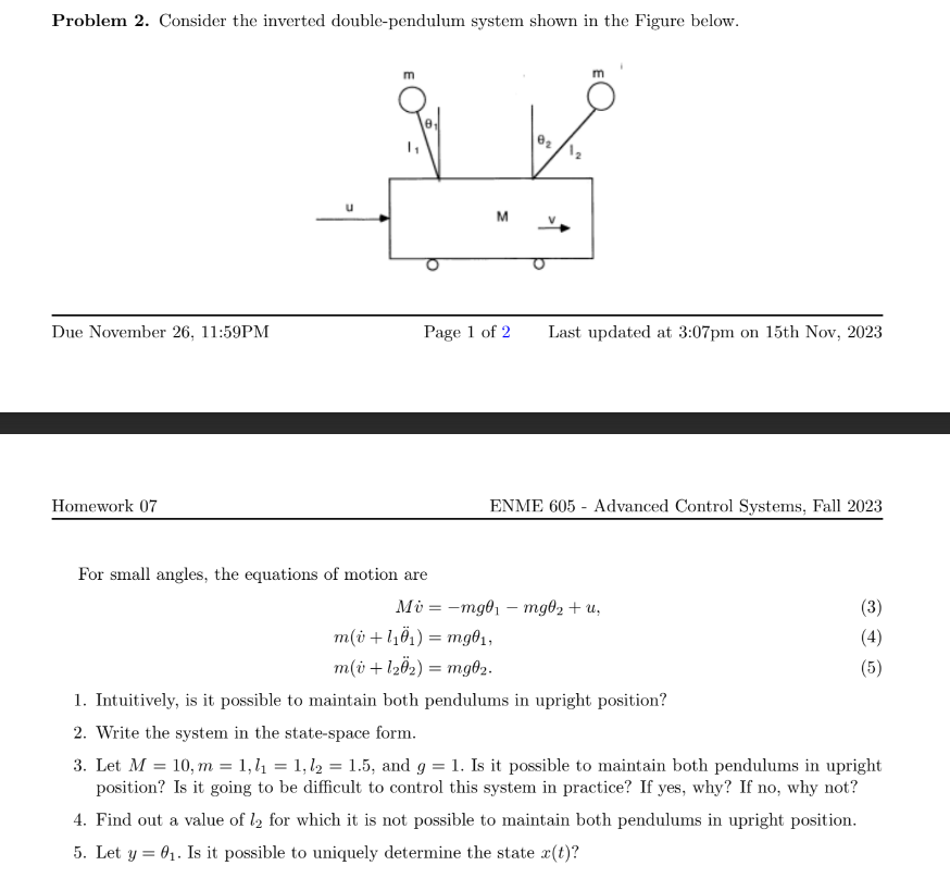 Solved Problem 2. Consider the inverted double-pendulum | Chegg.com
