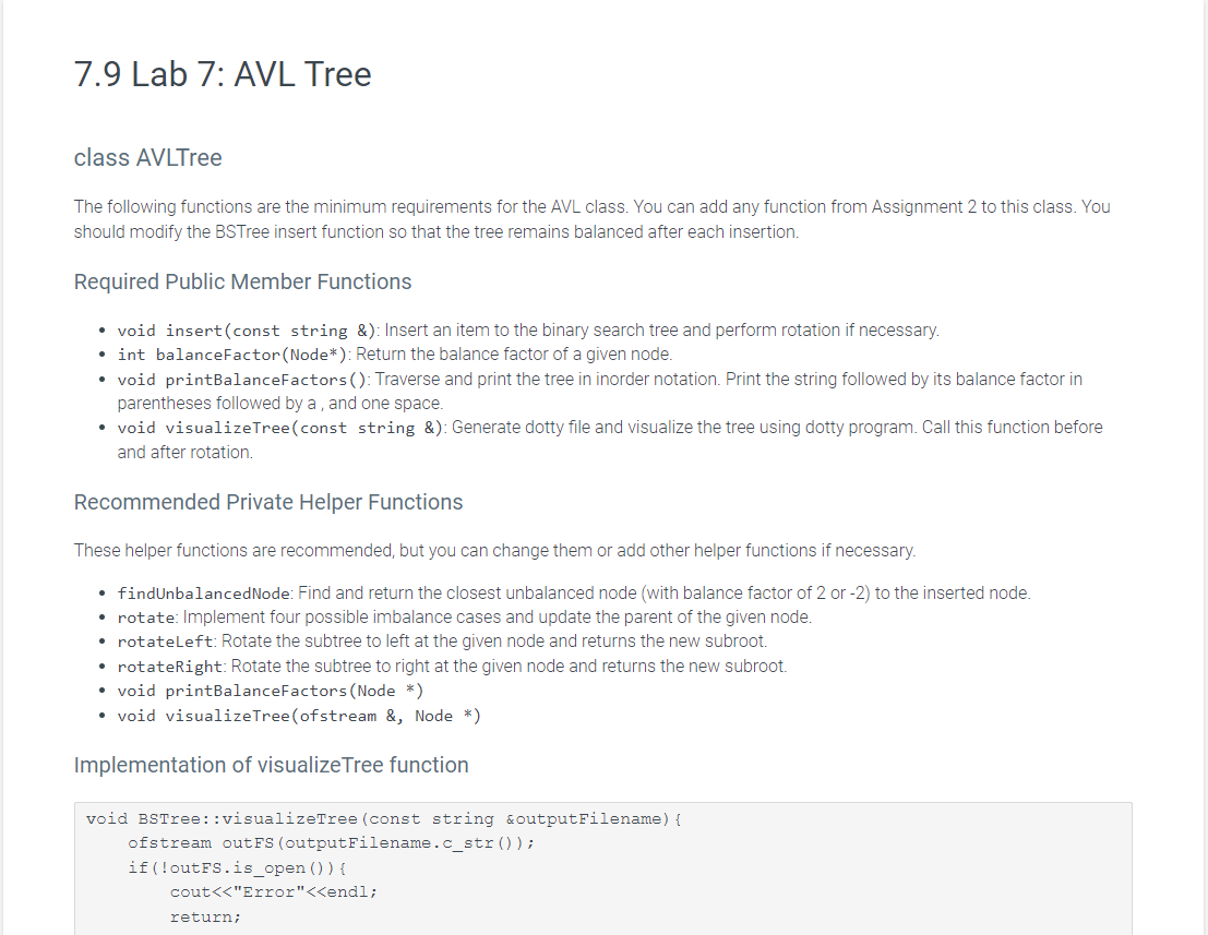 Solved C++ ONLY 7.9 Lab 7: AVL Tree class AVLTree The | Chegg.com