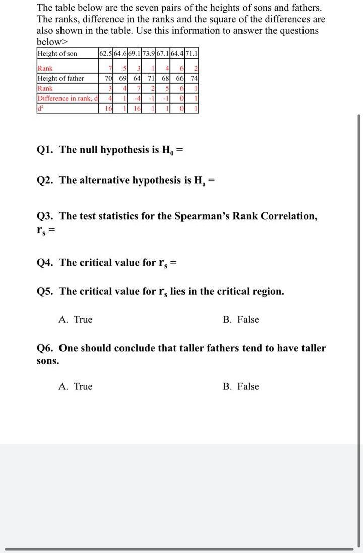 Solved The table below are the seven pairs of the heights of | Chegg.com