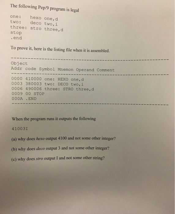 Solved The following Pep/9 program is legal one: hexo one,d | Chegg.com