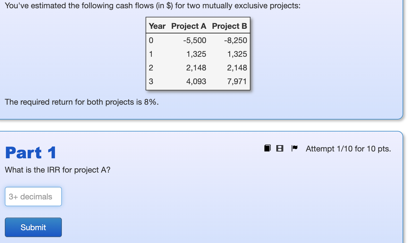 Solved The required return for both projects is 8%. Part 1 | Chegg.com