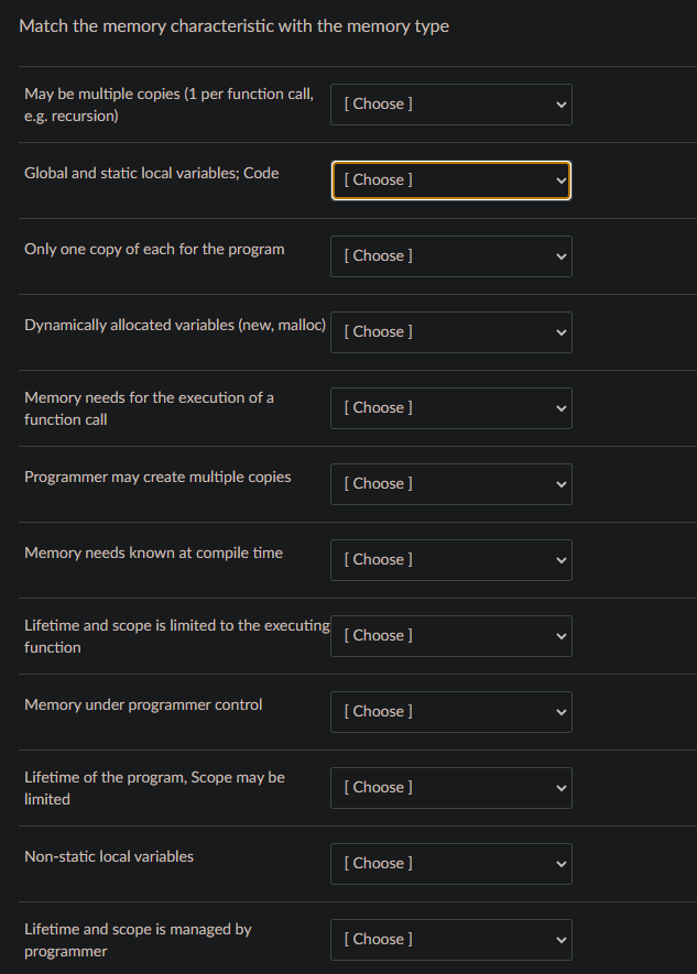 Solved Match the memory characteristic with the memory type | Chegg.com
