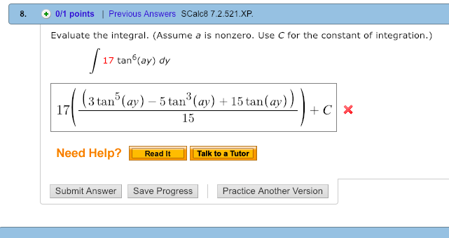 Solved , 0/1 points ! Previous Answers SCalc8 7.2.521 .ΧΡ | Chegg.com