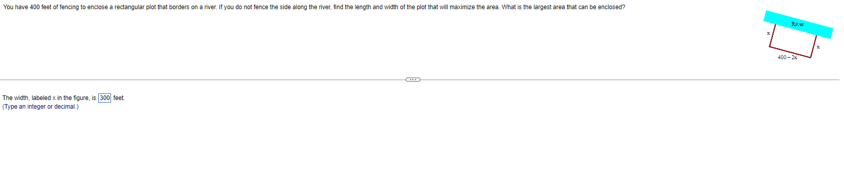 Solved The width, labeled x in the figure, is 300 feet. | Chegg.com