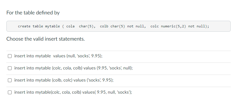 Solved For the table defined by create table mytable ( cola | Chegg.com