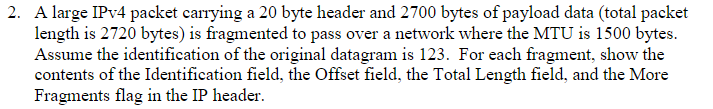 Solved 2. A large IPv4 packet carrying a 20 byte header and | Chegg.com