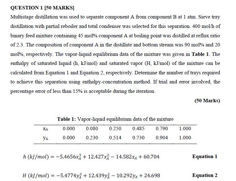 QUESTION 1 [50 MARKS] Multistage distillation was | Chegg.com