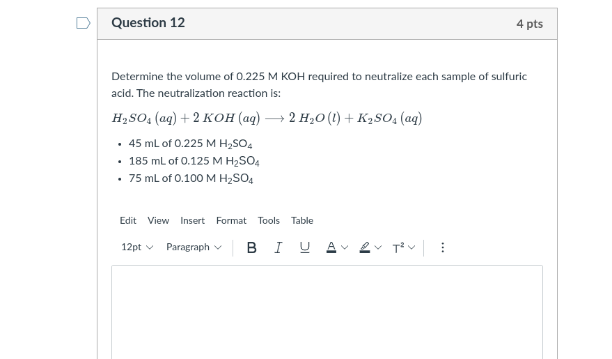 Solved Question 12 4 pts Determine the volume of 0.225 M KOH | Chegg.com