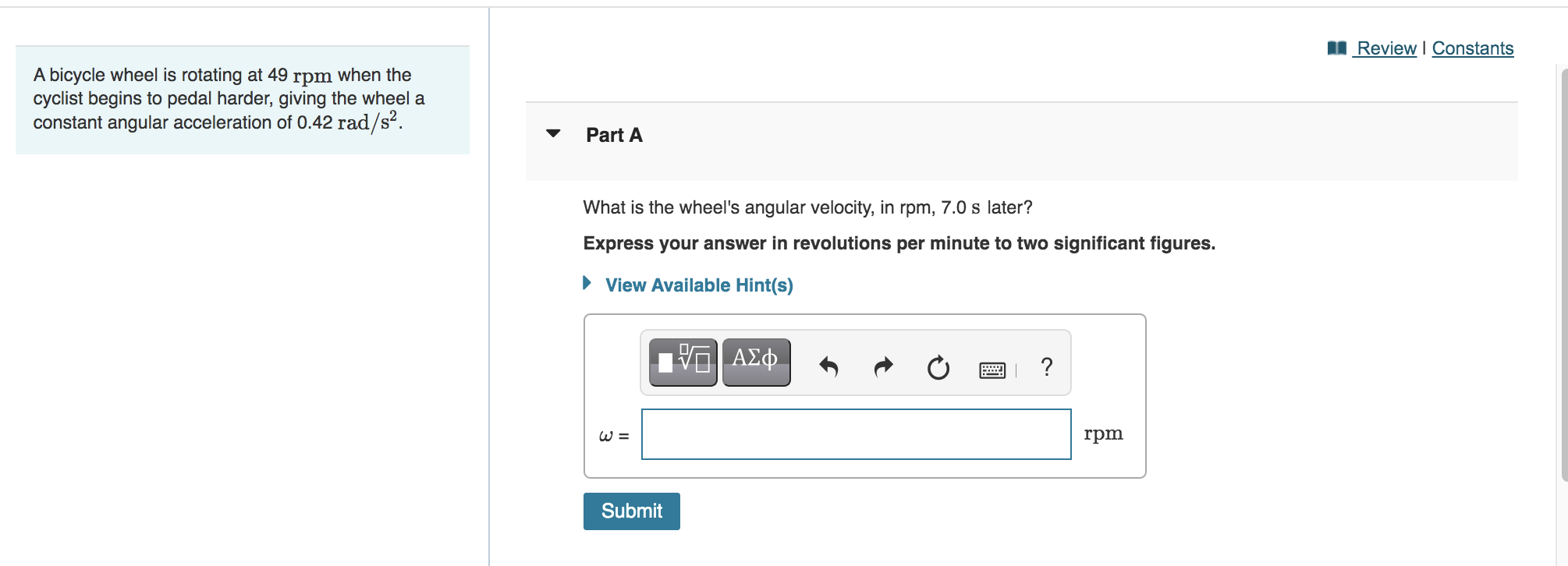 Solved Review | Constants A bicycle wheel is rotating at 49 | Chegg.com