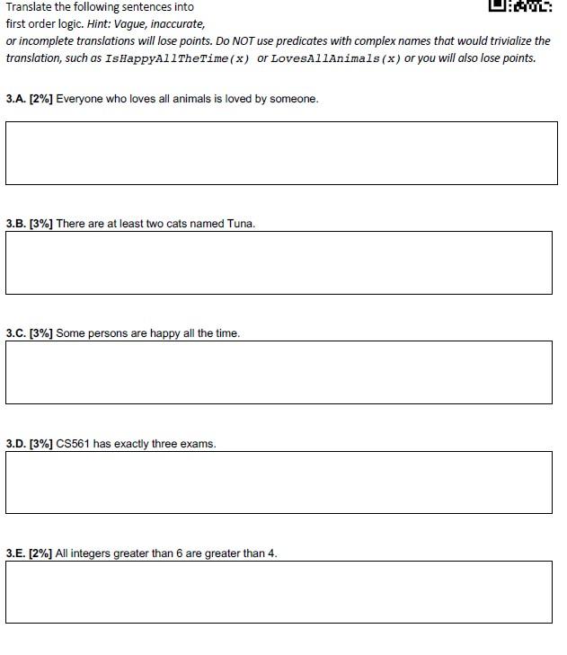 Solved Translate the following sentences into first order | Chegg.com