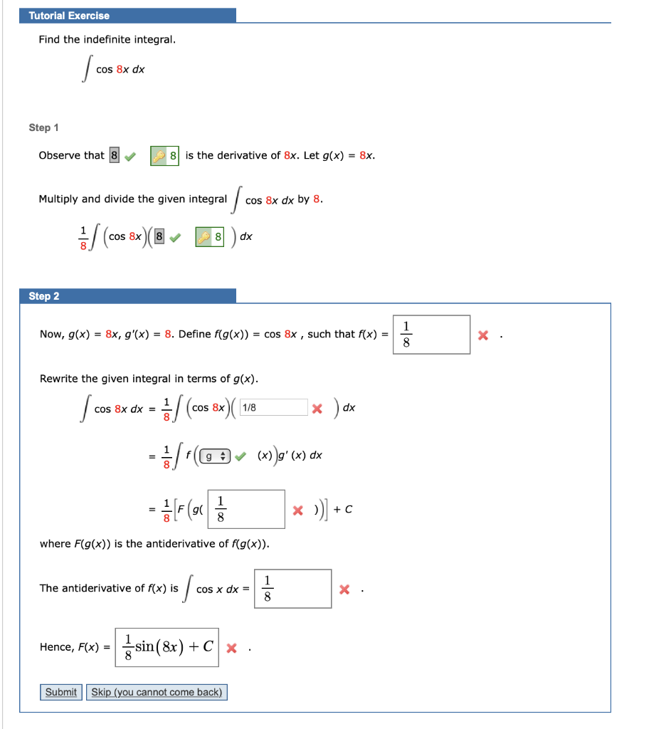 Solved Tutorial Exercise Find the indefinite integral. I cos | Chegg.com