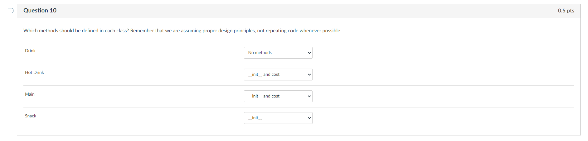 Solved Question 10Which methods should be defined in each | Chegg.com