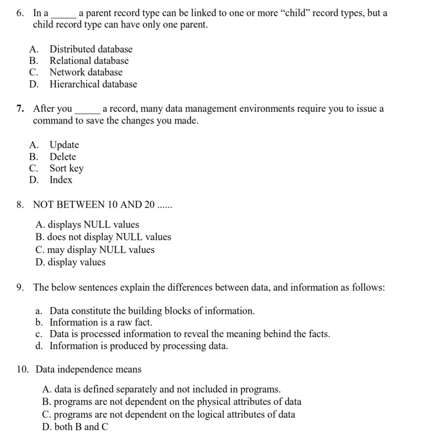 Solved 6. In a a parent record type can be linked to one or | Chegg.com