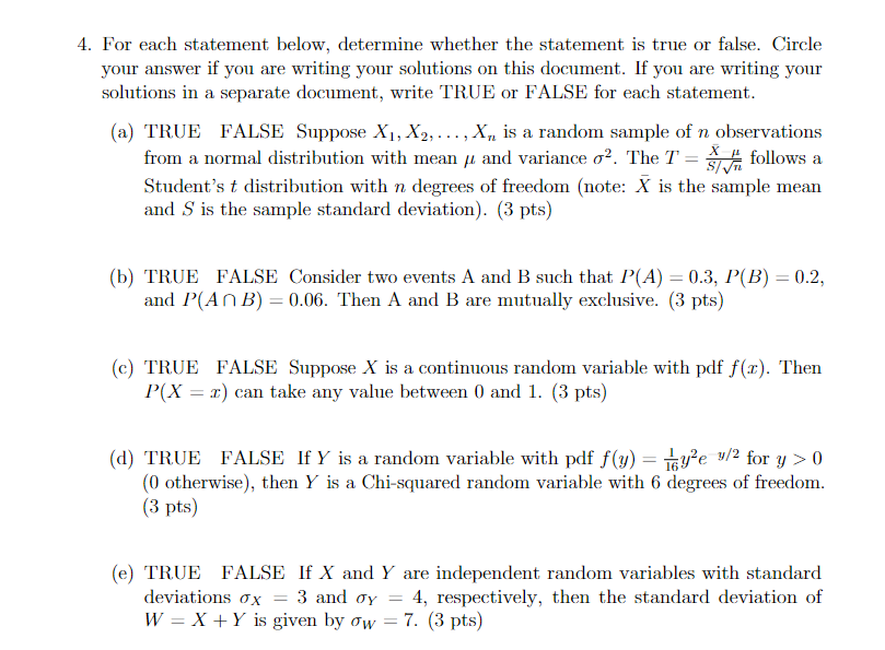 Solved 4. For each statement below, determine whether the | Chegg.com