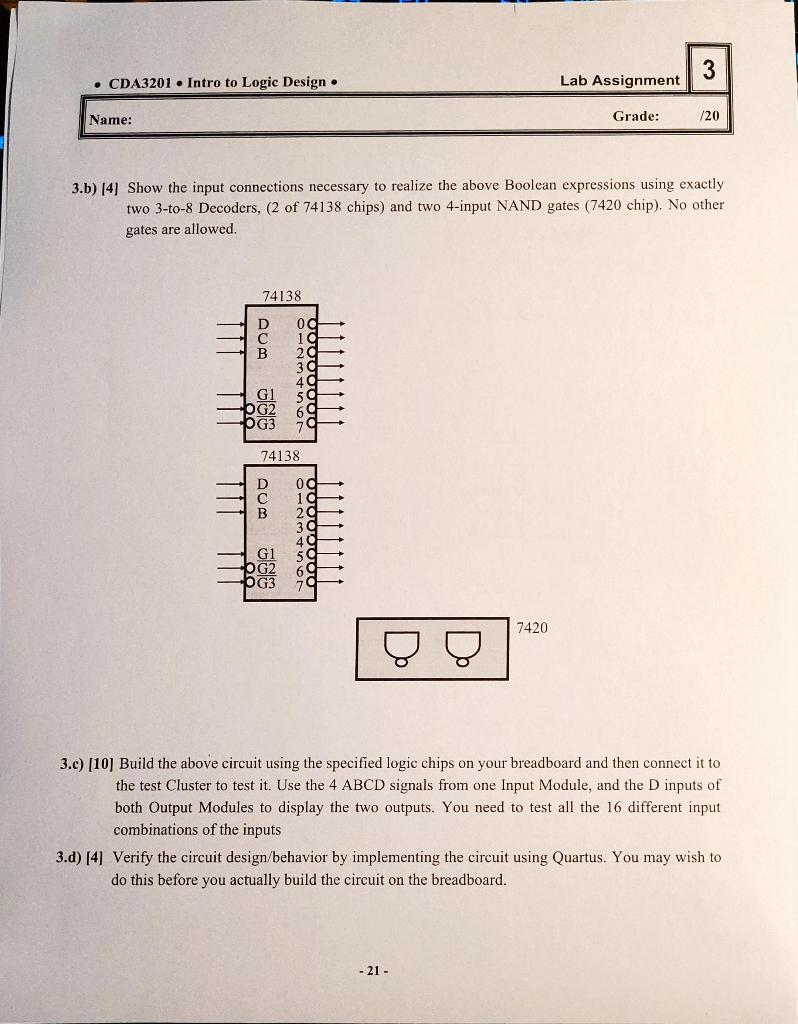 Solved Lab Assignmer • CDA3201 Intro to Logic Design Grade: | Chegg.com
