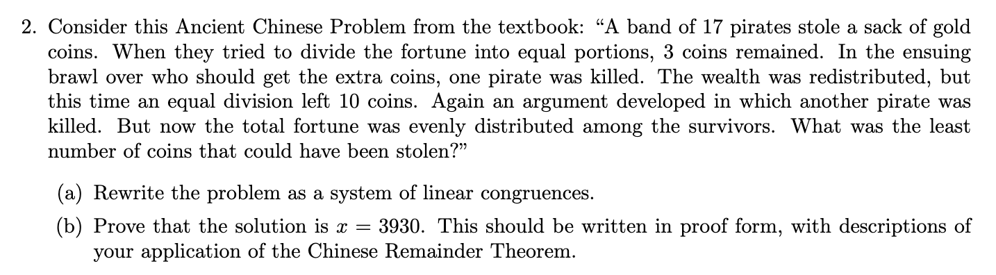 Solved 2. Consider this Ancient Chinese Problem from the | Chegg.com