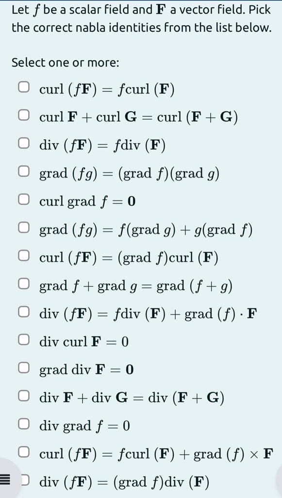 Solved Let f ﻿be a scalar field and F ﻿a vector field. | Chegg.com