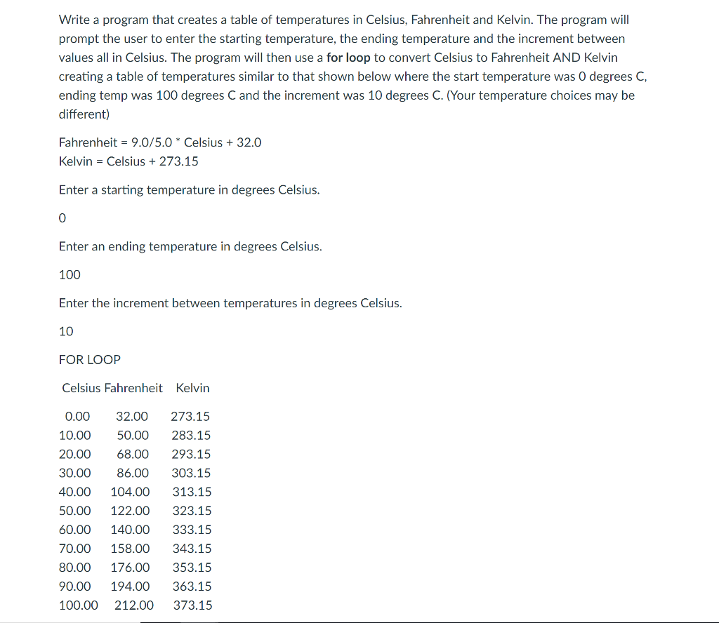 Solved Write A Program That Creates A Table Of Temperatures
