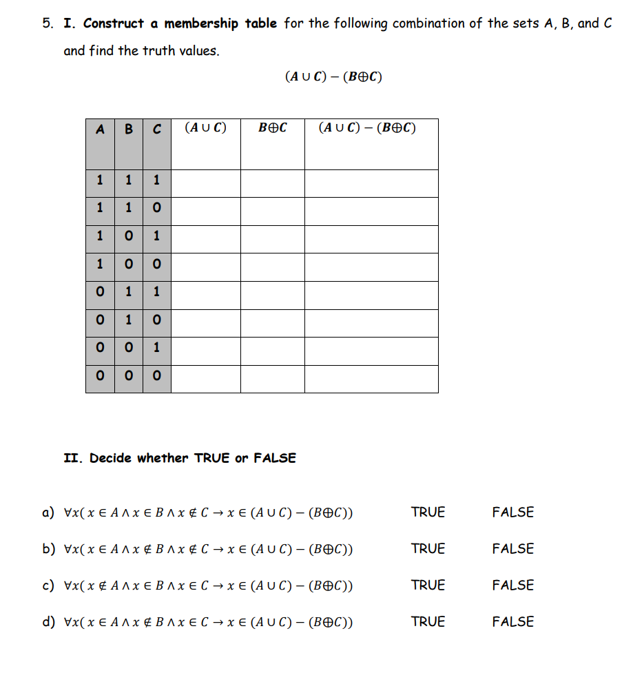 Solved 5. I. Construct a membership table for the following | Chegg.com