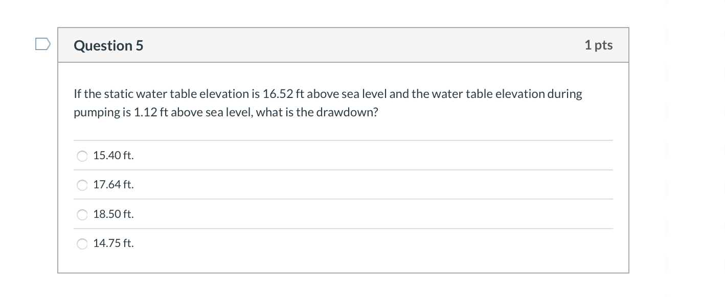 Solved Question 5 1 pts If the static water table elevation | Chegg.com