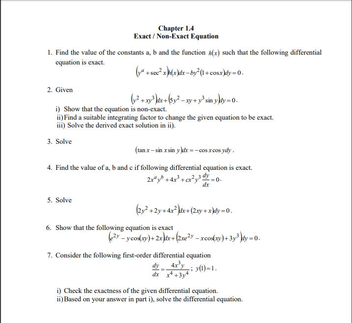 Solved Chapter 1.4 Exact / Non-Exact Equation 1. Find the | Chegg.com