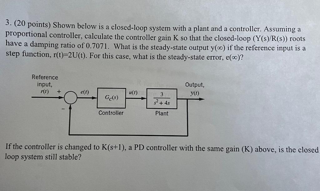 Solved 3. ( 20 points) Shown below is a closed-loop system | Chegg.com