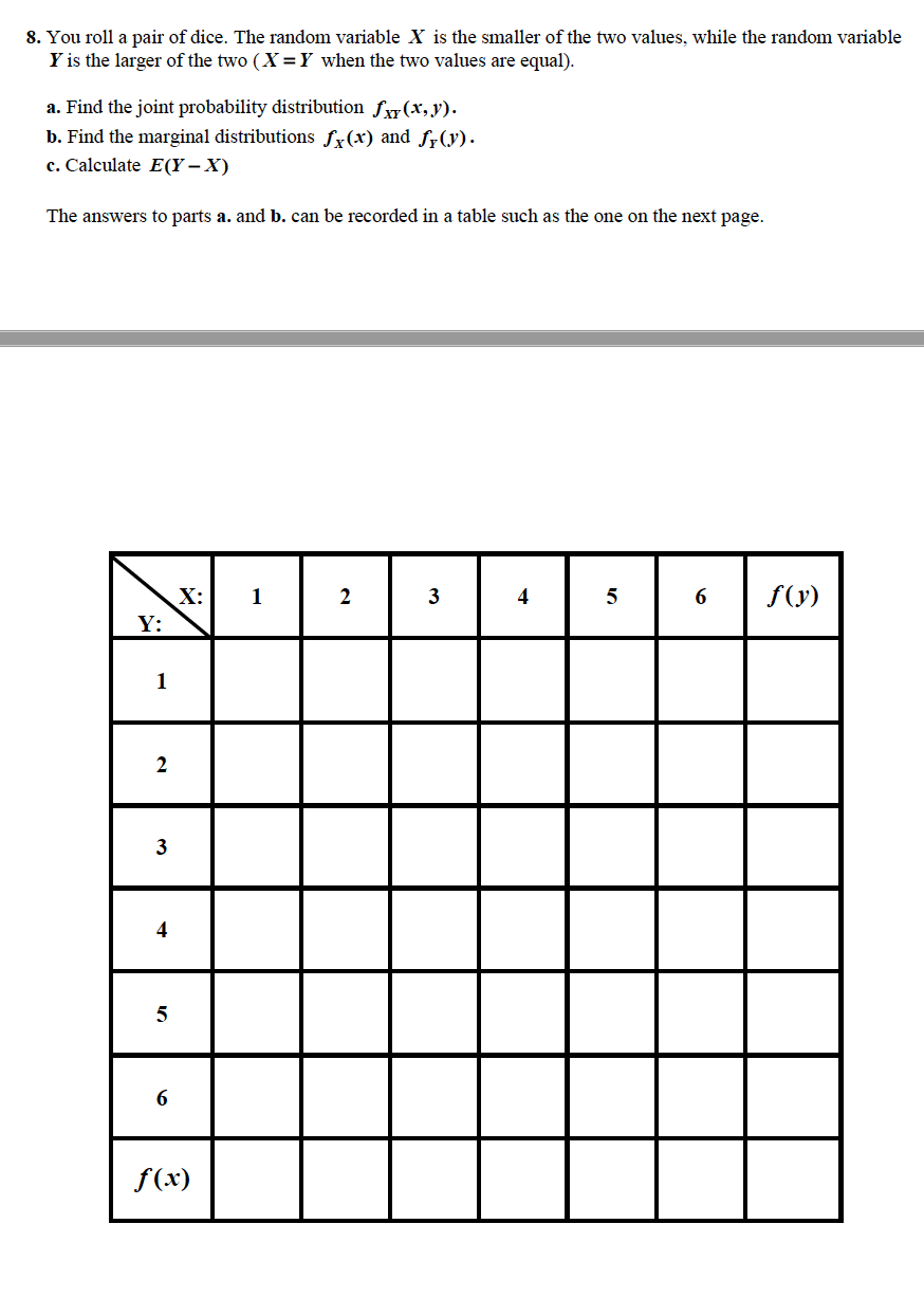 Solved 8. You roll a pair of dice. The random variable X is | Chegg.com